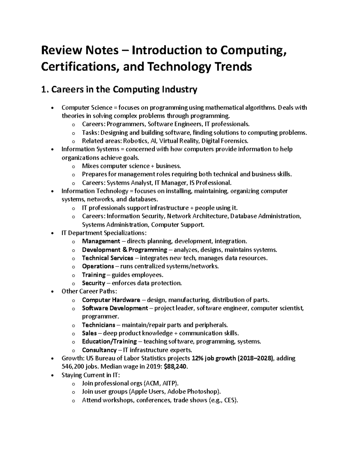 Module 1: Review Notes on Computing Careers & Certifications - Studocu