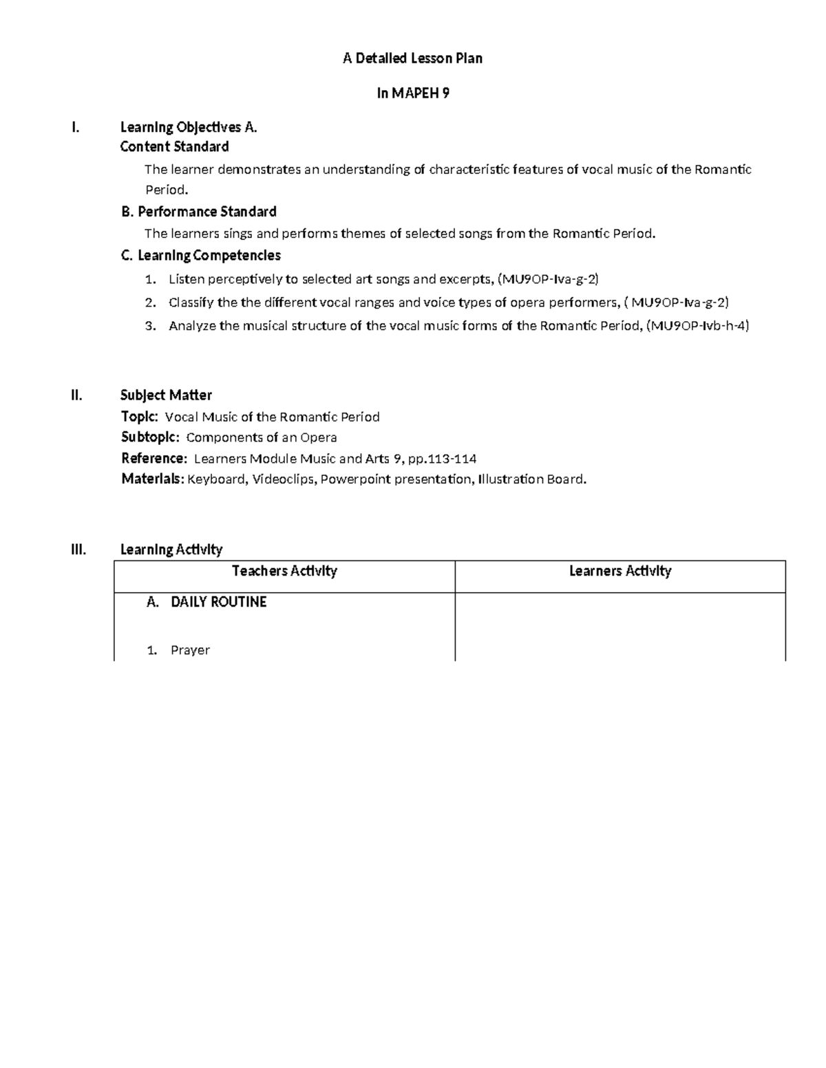 Detailed Lesson Plan: Vocal Music of the Romantic Period (MAPEH 9 ...