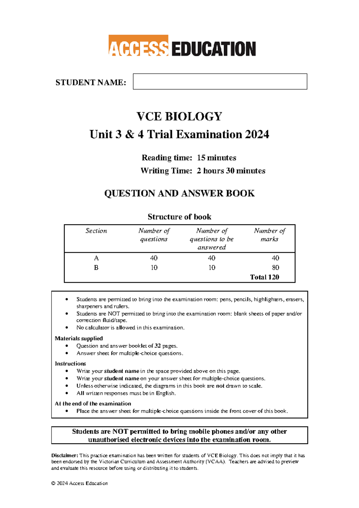 VCE BIOLOGY Unit 3 & 4 Trial Exam 2024 - Comprehensive Review Guide ...