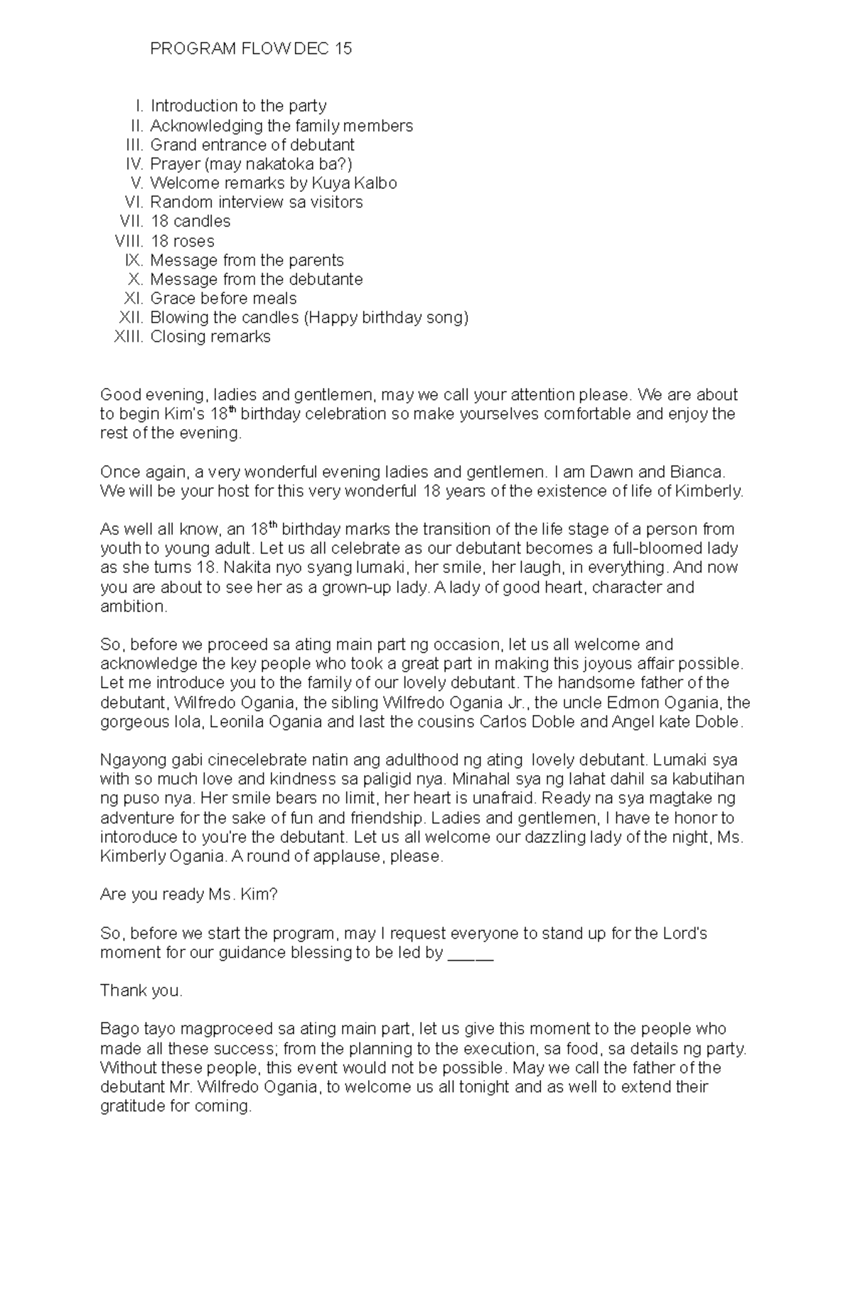 Program Flow for Kim's 18th Birthday Celebration (DEC 15) - Studocu