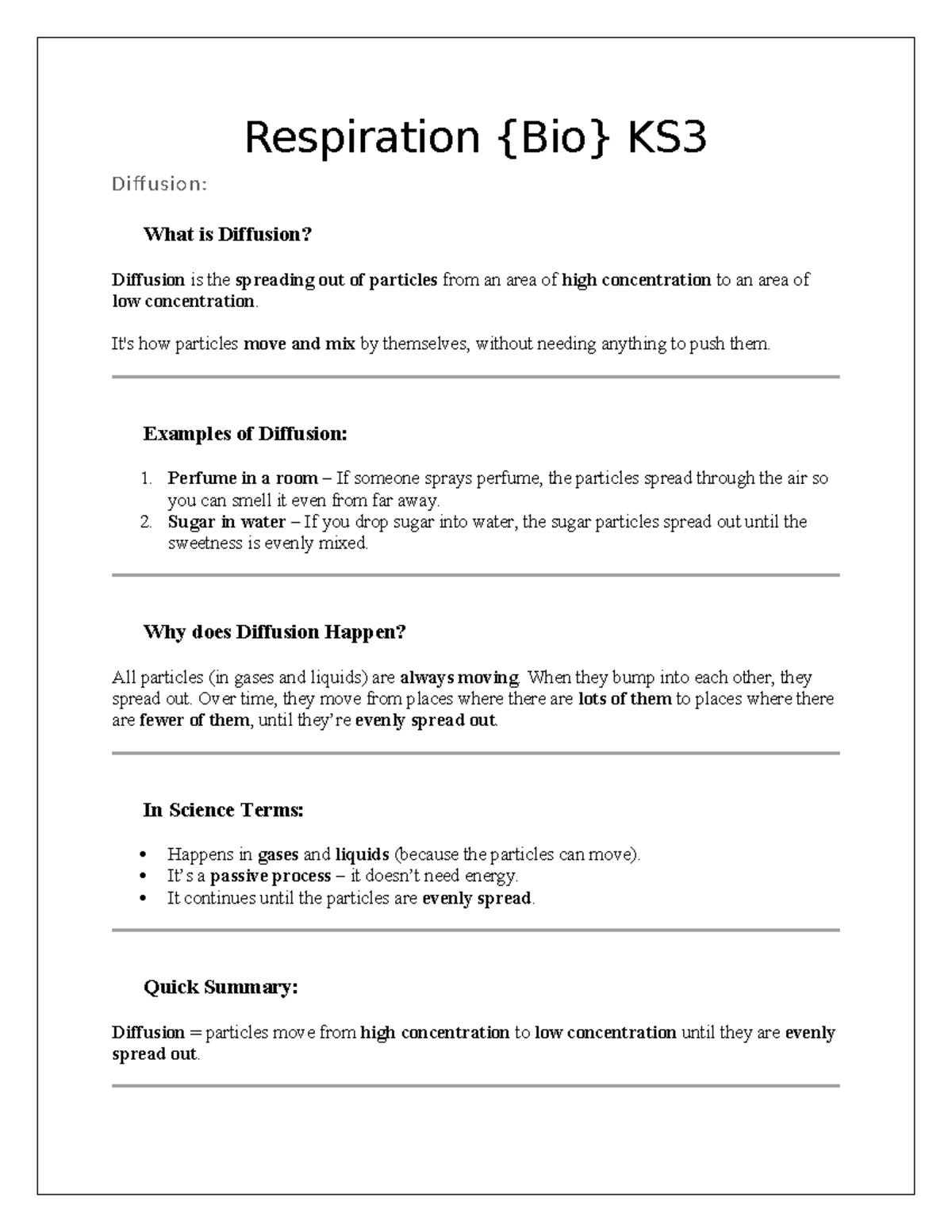 Respiration and Diffusion: KS3 Biology Overview and Key Concepts - Studocu