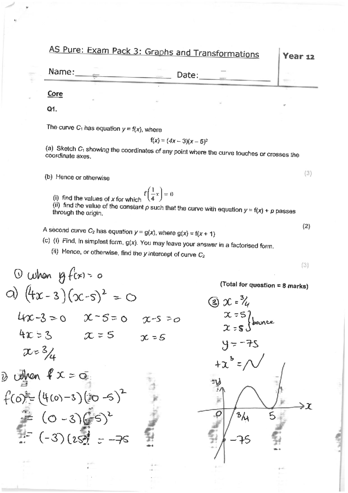 AS Pure: Exam Pack 3 Model Solutions on Graphs & Transformations - Studocu