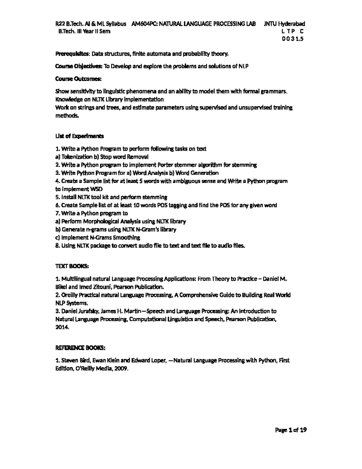 NLP Lab Manual for R22 B.Tech. AI & ML - JNTU Hyderabad - Studocu