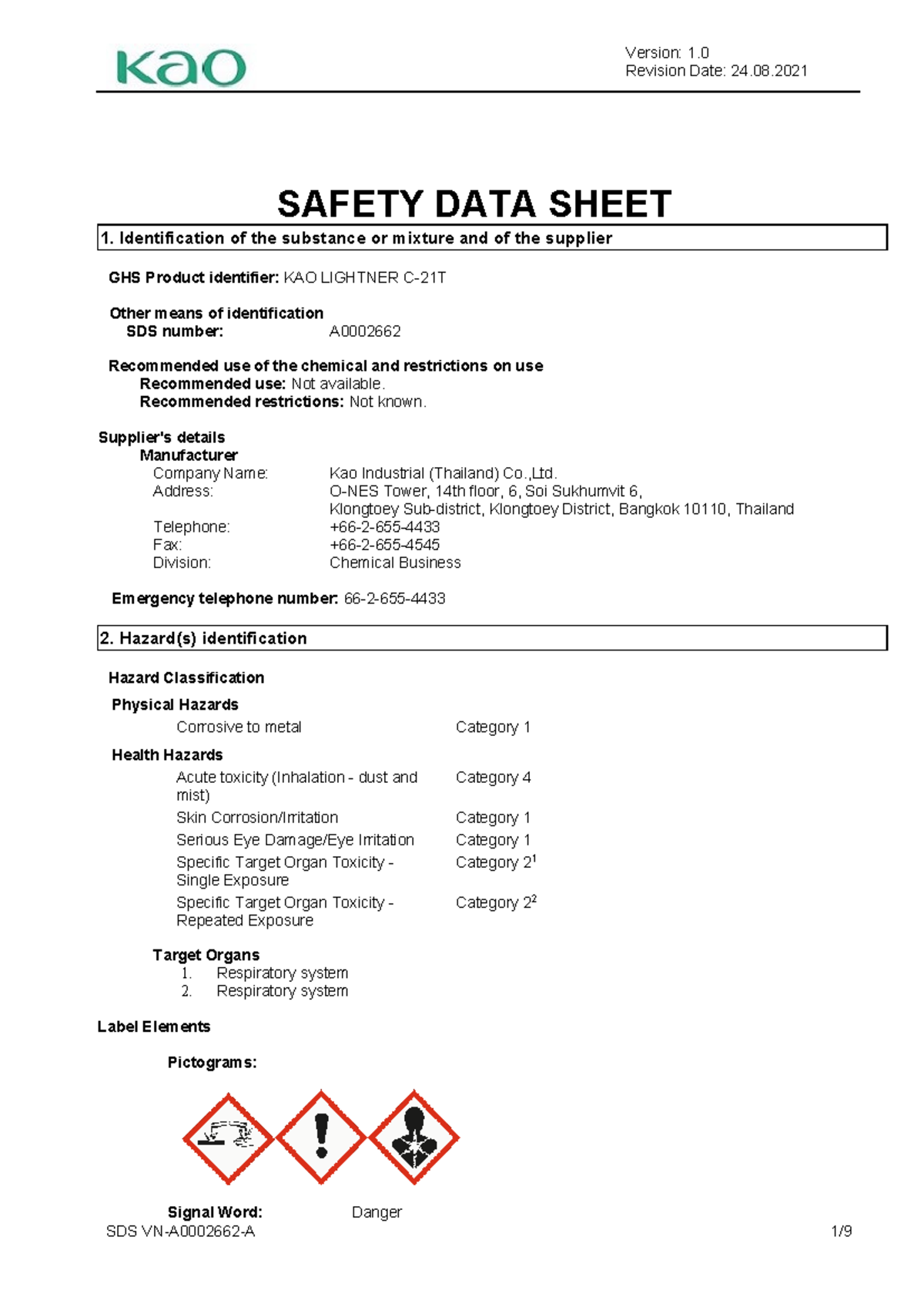 MSDS A0002662 VN EN C-21T: KAO LIGHTNER Safety Data Sheet - Studocu