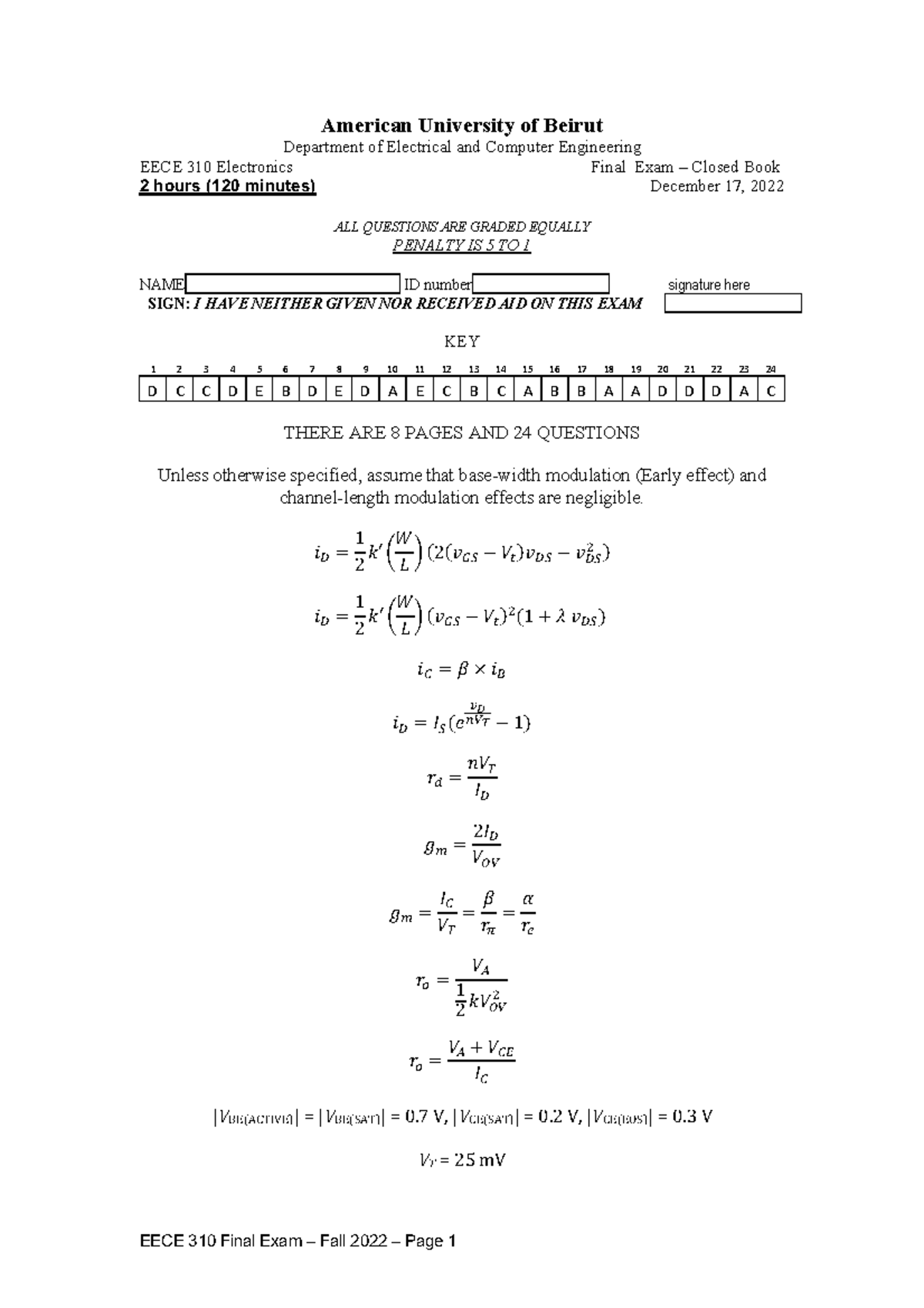 EECE 310 Fall 2022 Electronics Final Exam Questions and Solutions - Studocu