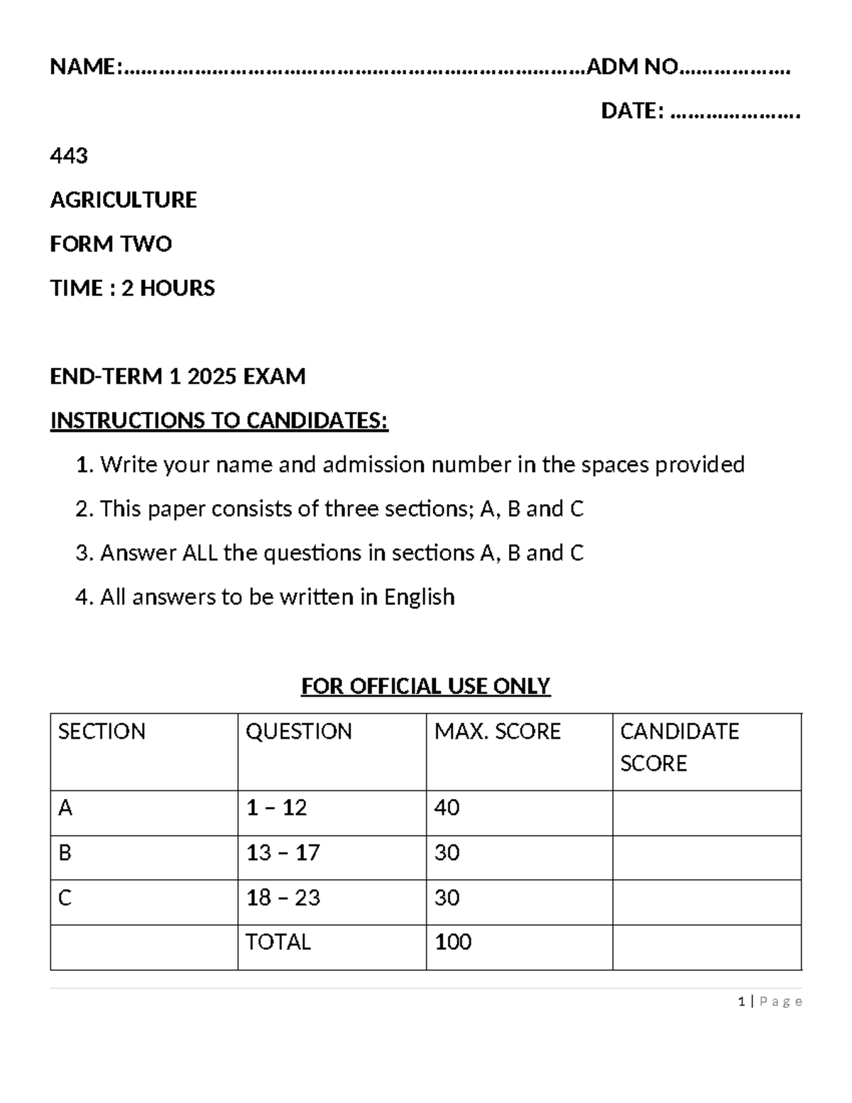 Agriculture F2 QS - FORM 2 - - Studocu