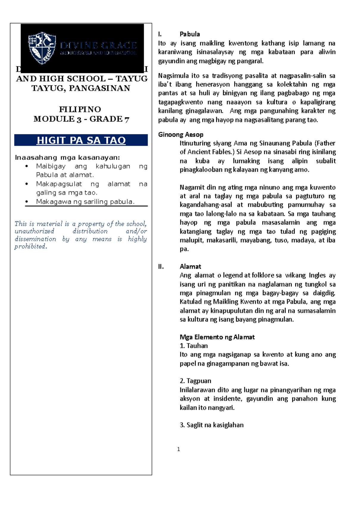 Pabula at Alamat sa Filipino - Grade 7 Module 3 Overview - Studocu