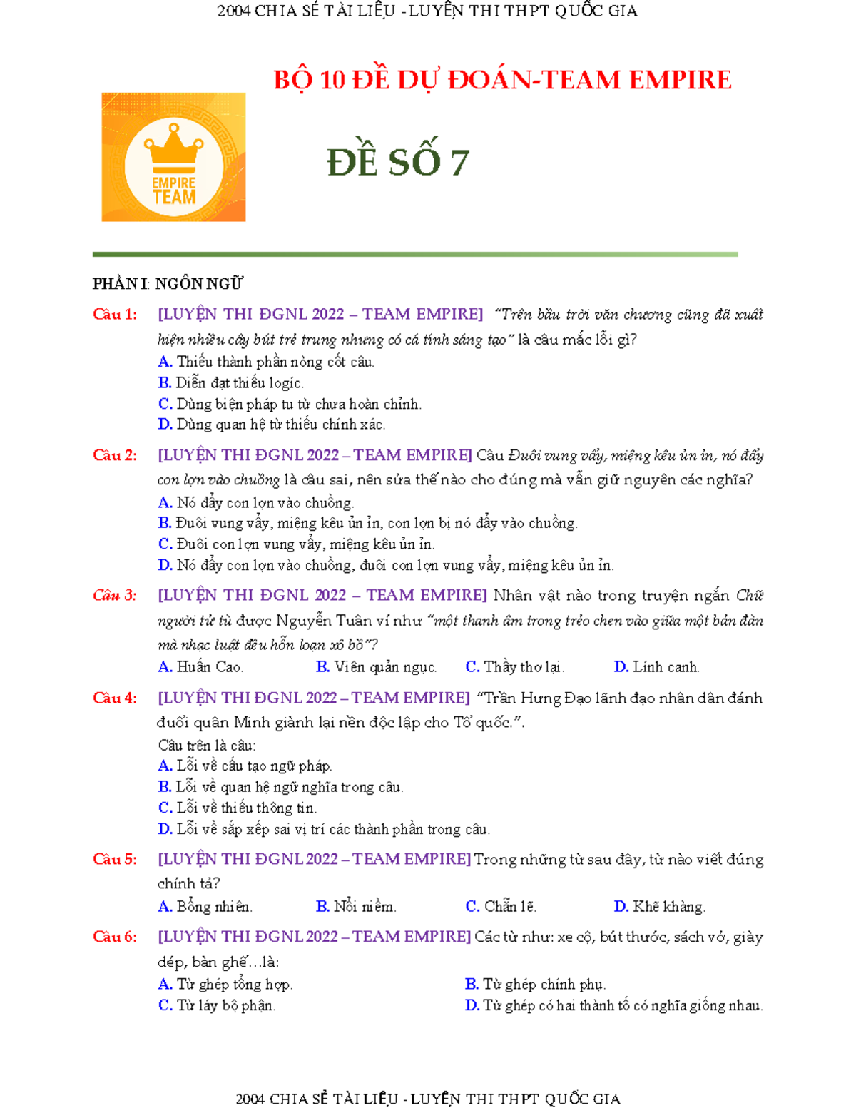 ĐỀ SỐ 7 - 77777777 - ####### PHÄN I : NG‘N NGỮ C‚u 1: [LUYỆN THI ĐGNL ...