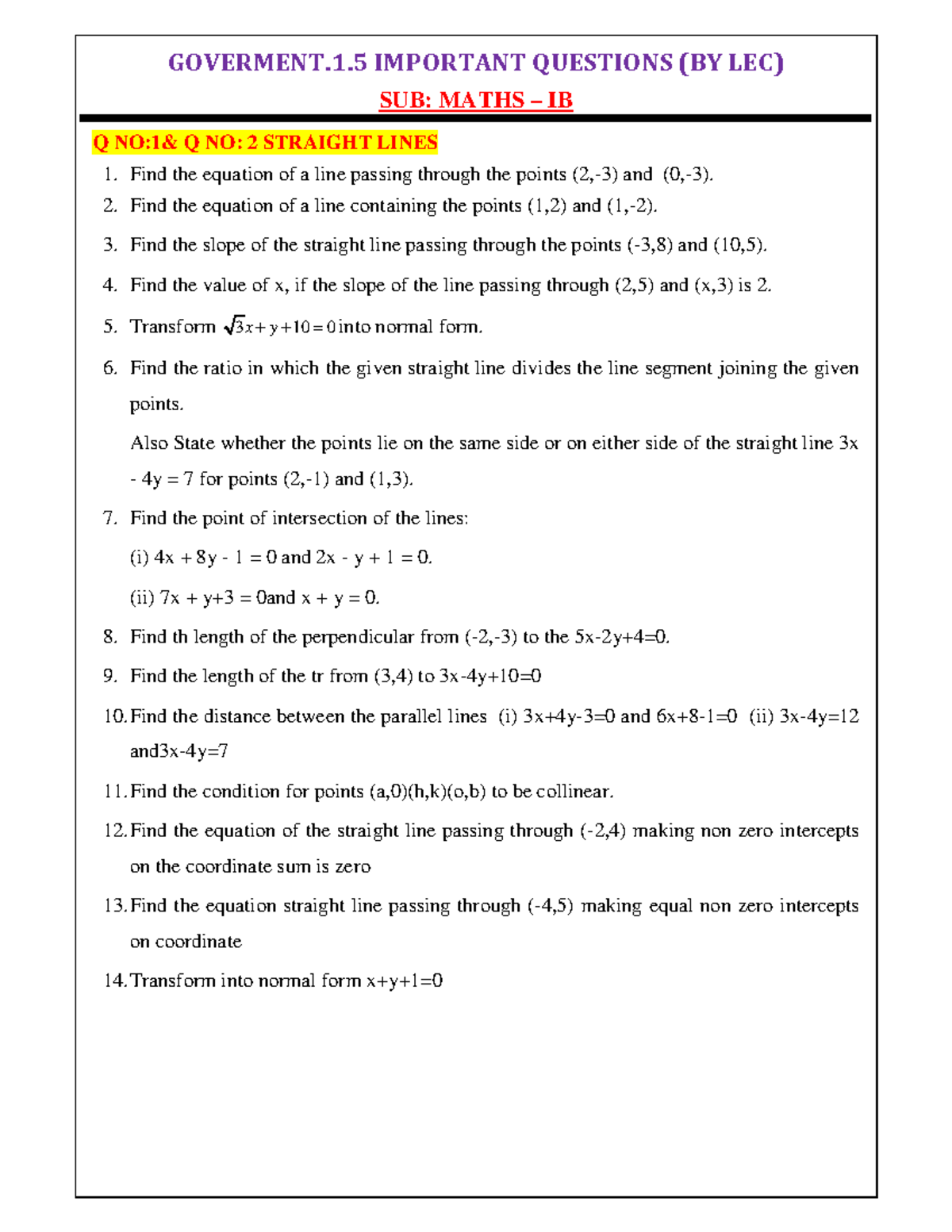 Maths IB: Important Questions on Straight Lines and Geometry (LEC ...