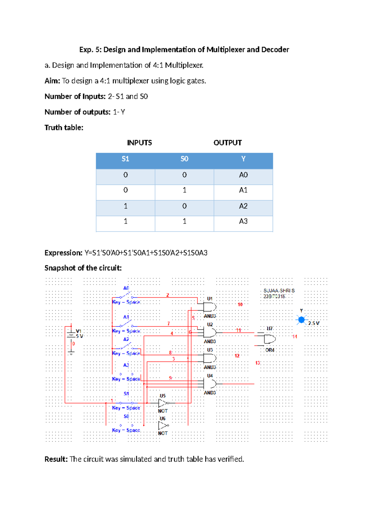 DLM LAB EXPERIMENT: Design of 4:1 Multiplexer & 2:4 Decoder - Studocu