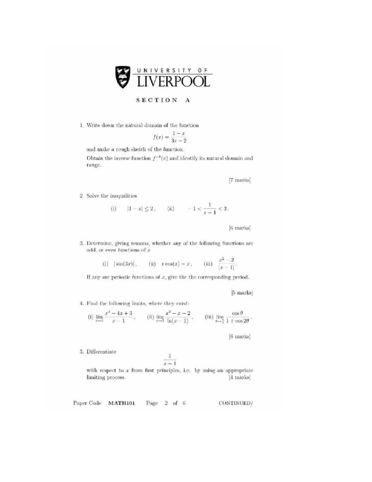 MATH101 Final Exam: Functions, Limits, and Integrals Analysis - Studocu