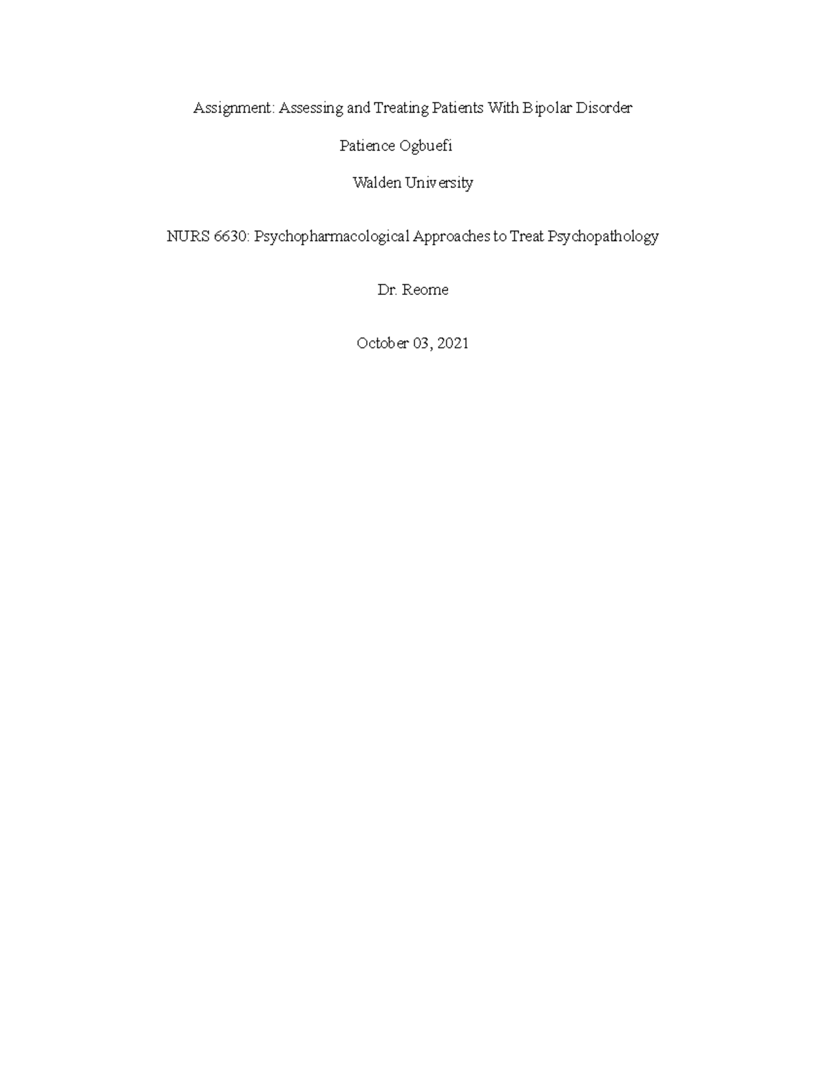 Week 5 -bipolar disorder correction - Assignment: Assessing and ...
