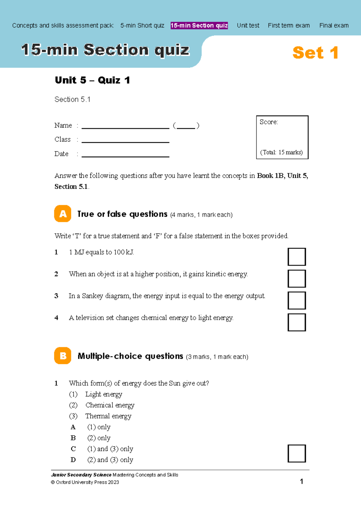 Unit 5 Quiz 1: Concepts & Skills Assessment (Junior Secondary Science ...