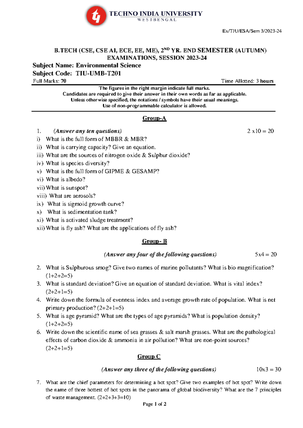 Environmental Science PYQ - B.TECH (CSE, ECE, EE, ME) 2ND YR Exam - Studocu