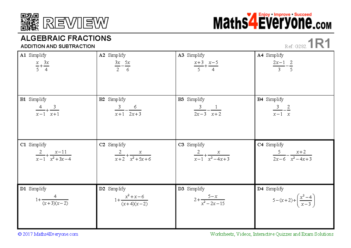 ALGEBRAIC FRACTIONS 1R1 ADDITION & SUBTRACTION Ref: G282 - Studocu