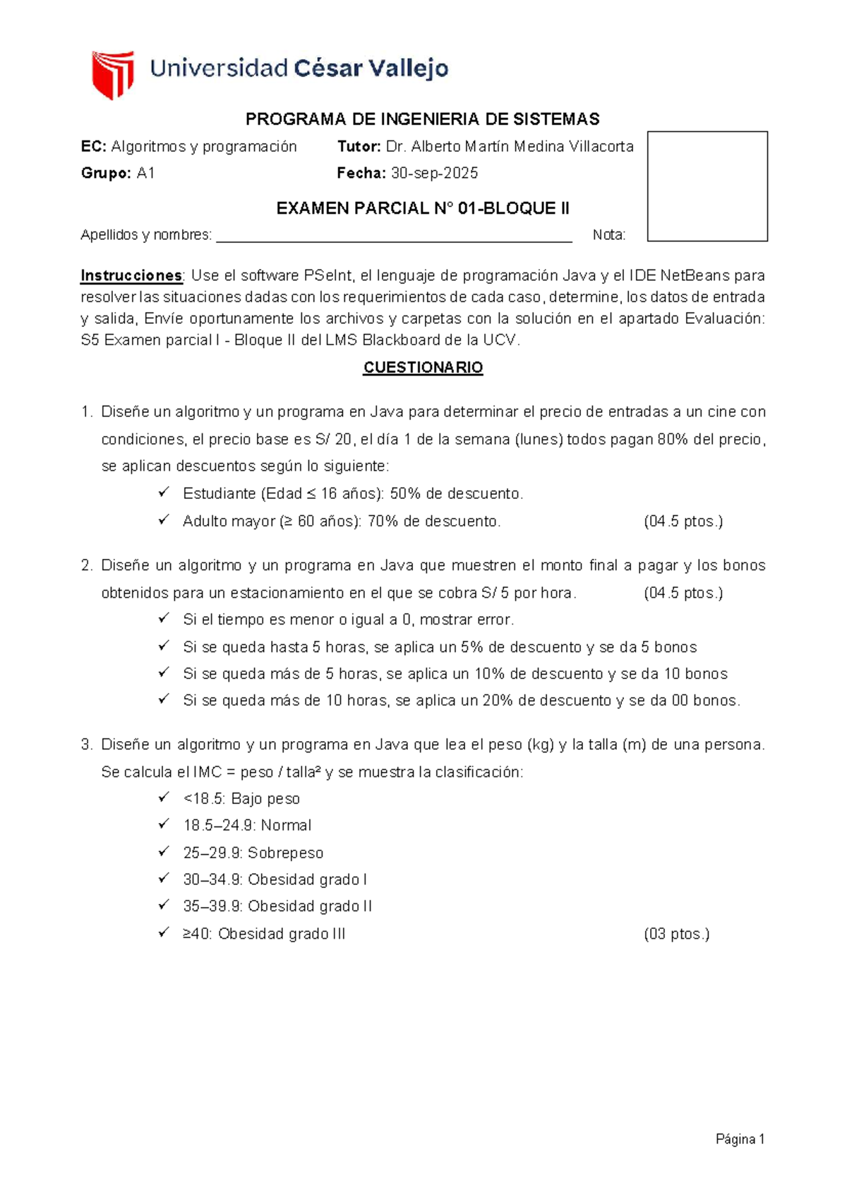Examen Parcial II EC: Algoritmos y Programación en Java - Studocu