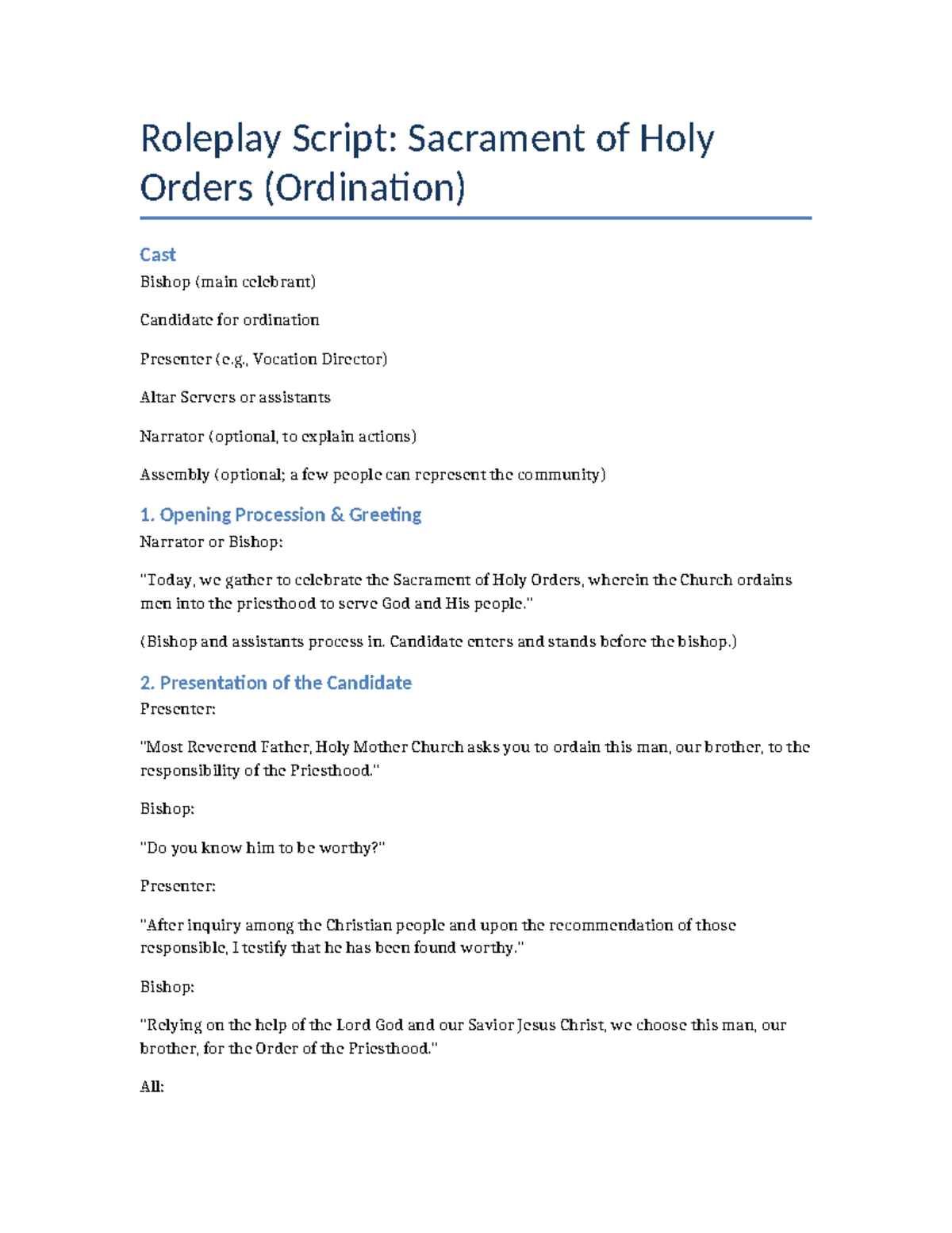Holy Orders Roleplay Script: Ordination Ceremony Guide - Studocu