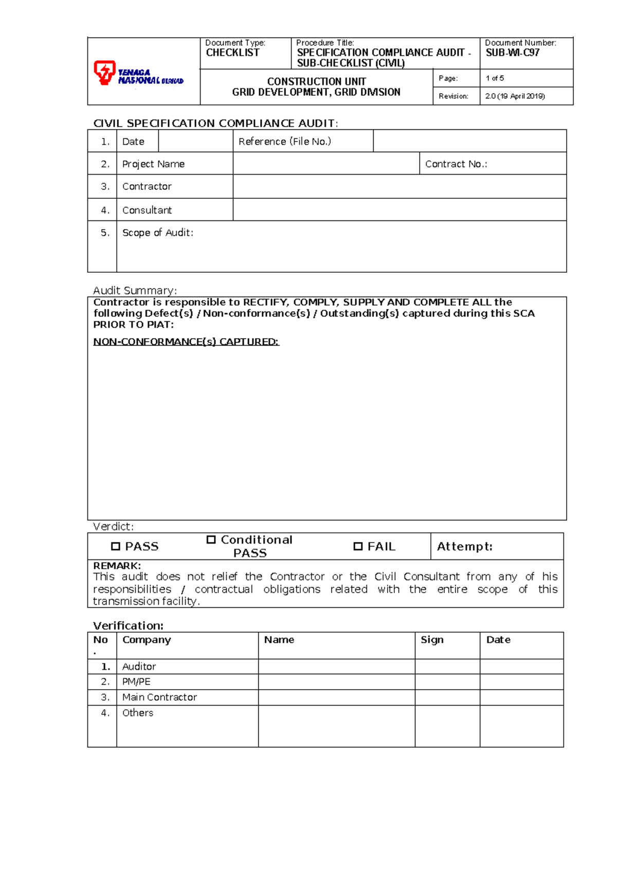 Specification Compliance Audit Checklist (CIVIL) - Grid Development ...
