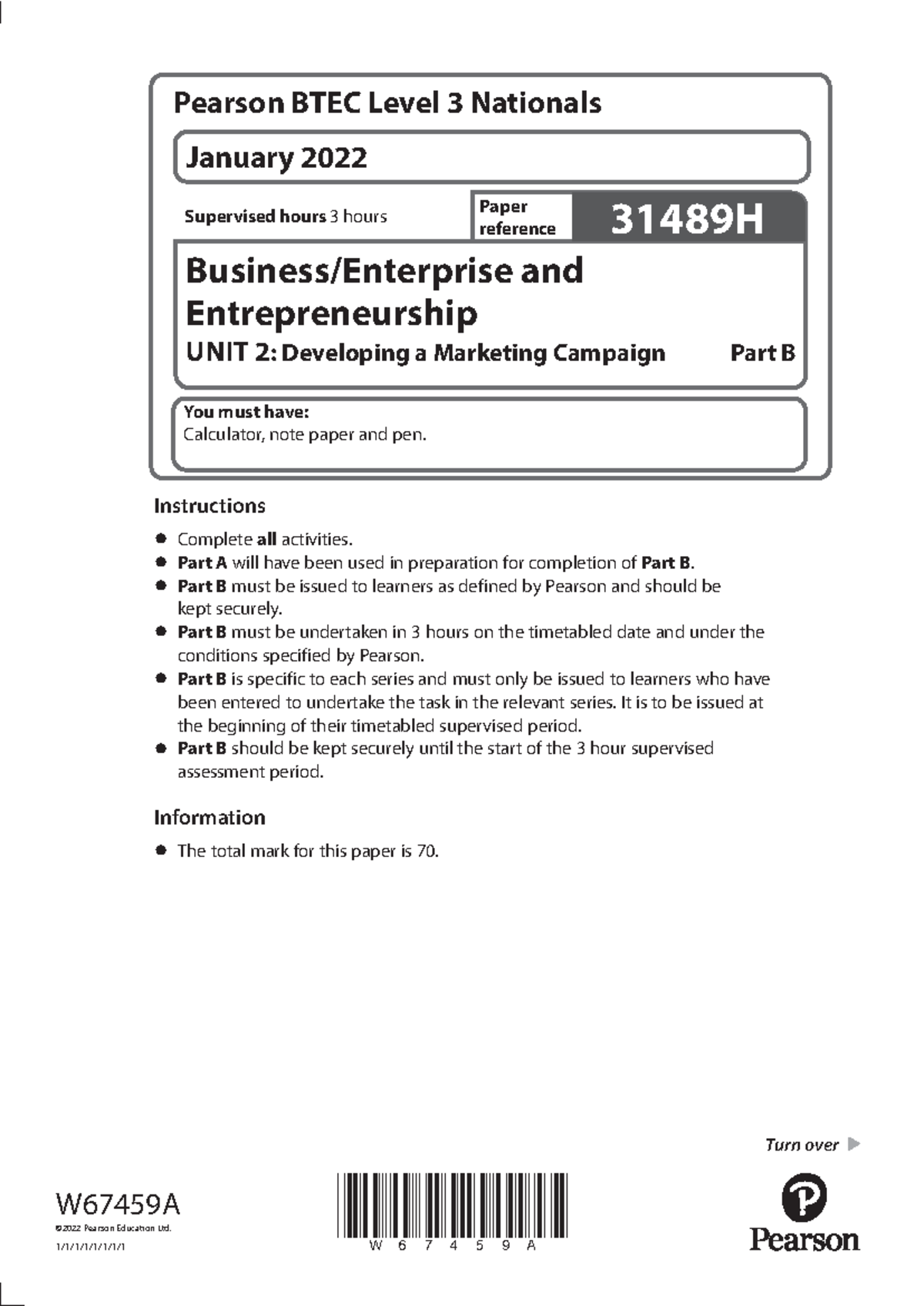 Unit 2 Part B Question Paper - BTEC Business Marketing Campaign Jan ...