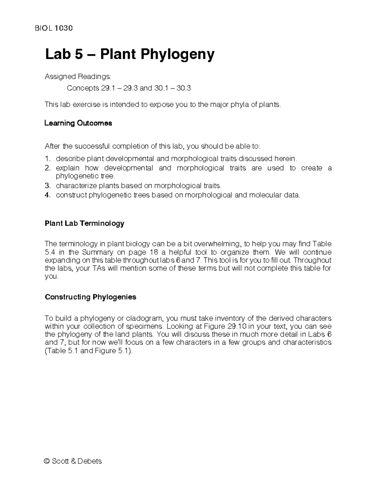 BIOL 1030 Lab 5 Handout - LAB 5 MATERIAL - Lab 5 – Plant Phylogeny ...