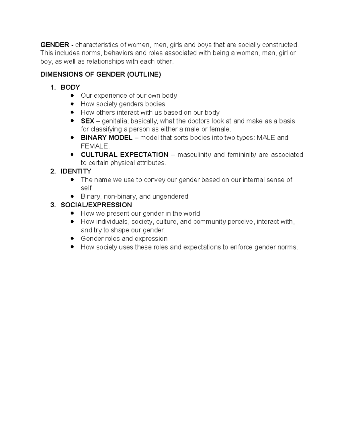 Dimensions of Gender: Outline of Social Constructs and Roles - Studocu