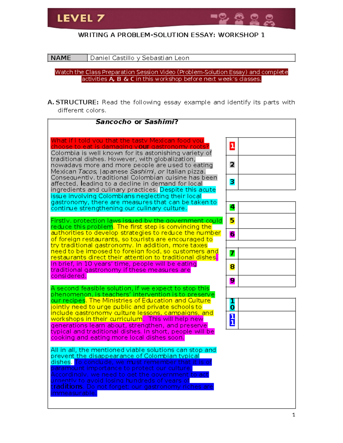Writing Workshop 1 - WRITING A PROBLEM-SOLUTION ESSAY: WORKSHOP 1 NAME ...