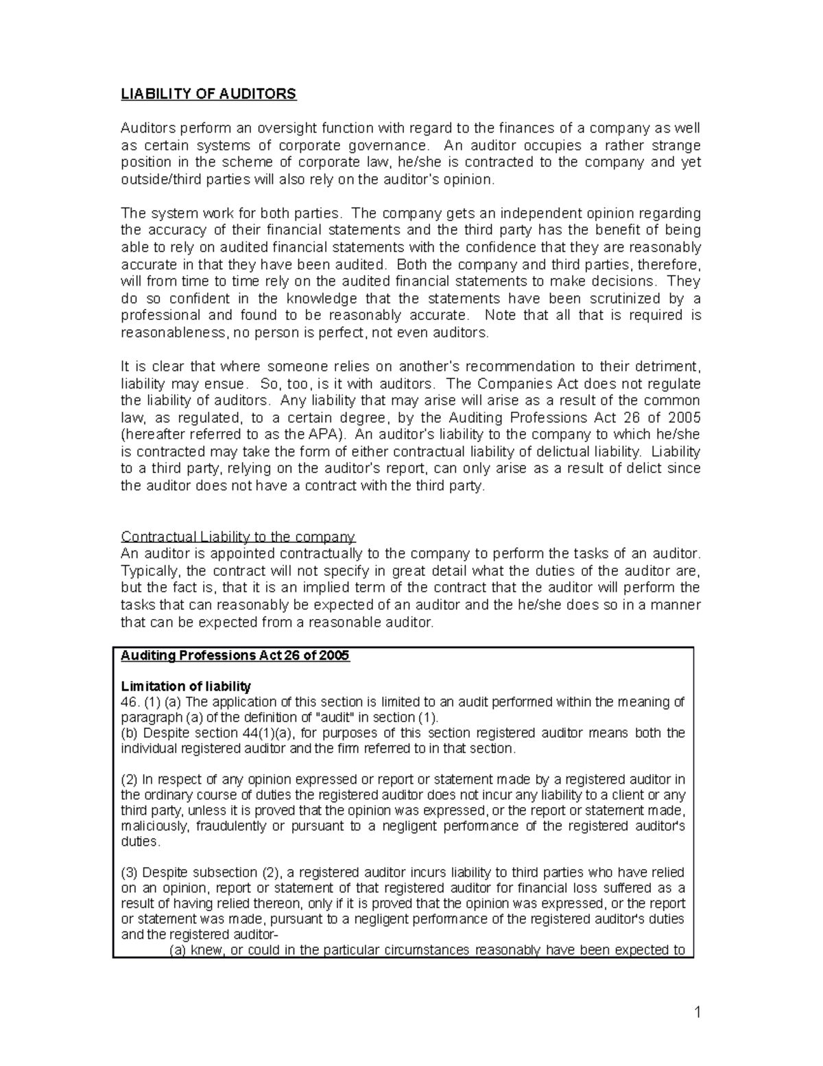 Liability of Auditors: Explanatory Notes and Legal Framework - Studocu