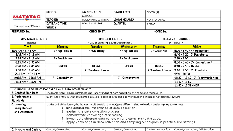 Quarter 3 Week 1 Lesson Plan: Data Collection & Sampling Techniques ...