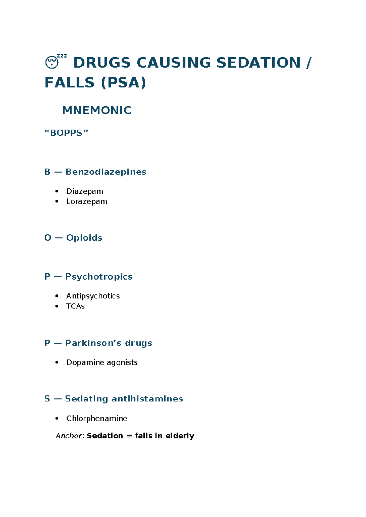 PSA Revision Notes: Sedation Falls & Serotonin Syndrome - Studocu
