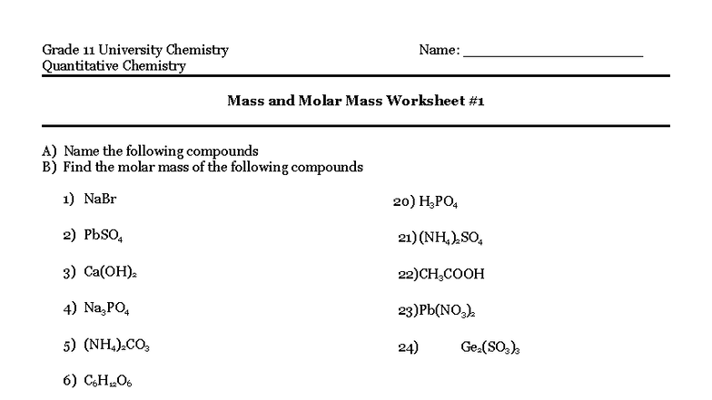 3) mass and molar mass worksheet - Grade 11 University Chemistry Name
