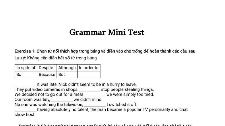 Mini Test Đầu Khóa - Grammar Exercise 2 & 3 - Studocu