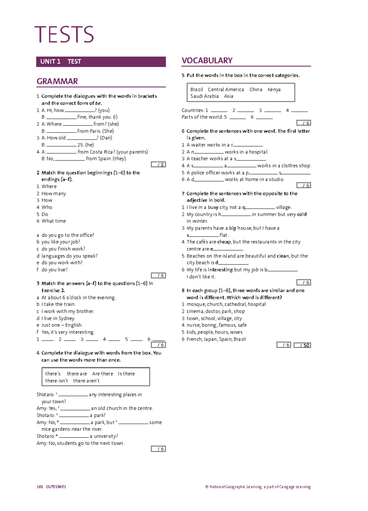 Outcomes Elementary Unit 1 Vocabulary & Grammar Test - Studocu