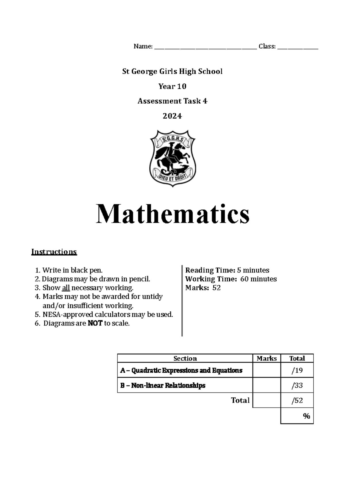 10MAT AT4 2024 - Year 10 Mathematics Assessment Task - Studocu