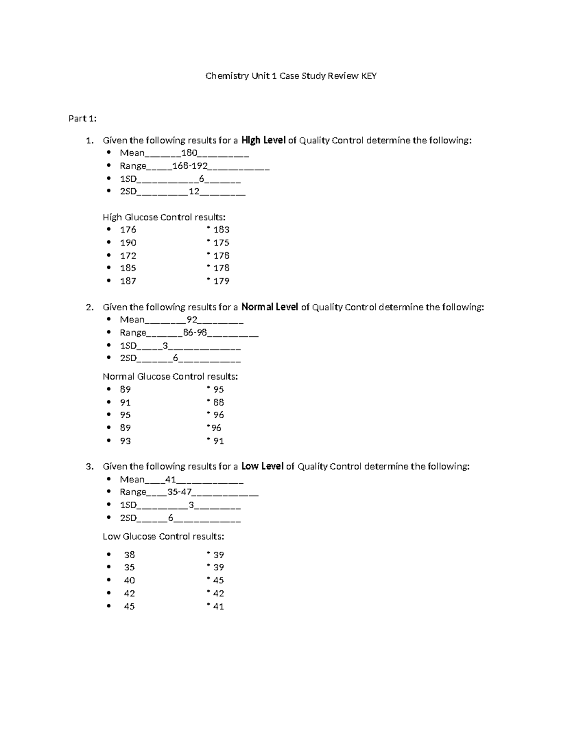 Chemistry Unit 1 Case Study Review on Levy Jennings Control Charts ...