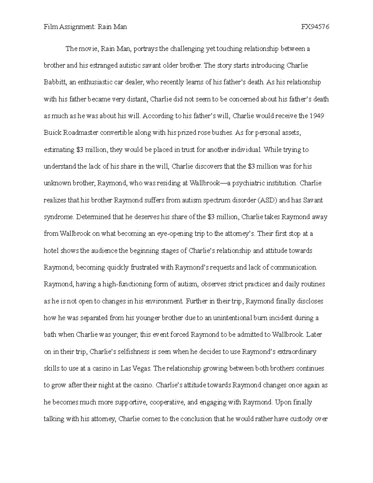 Psych Film Assignment: Analysis of Rain Man and Autism Awareness - Studocu