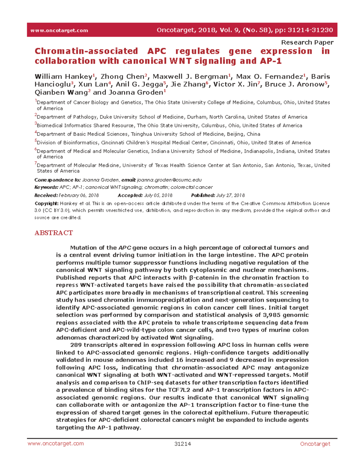 APC Regulation of Gene Expression in Canonical WNT Signaling: Insights ...