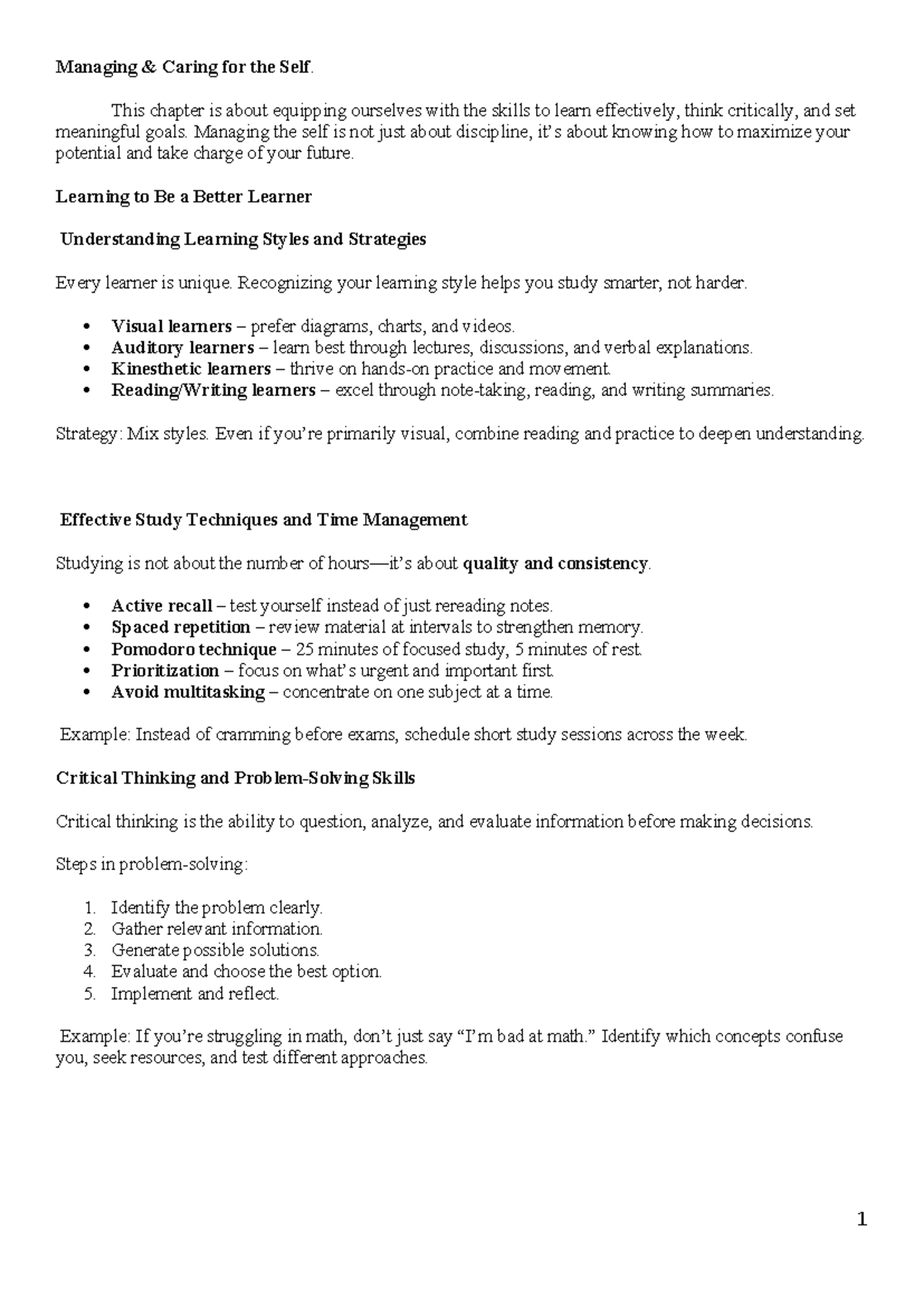 Managing & Caring for the Self: Skills for Effective Learning - Studocu