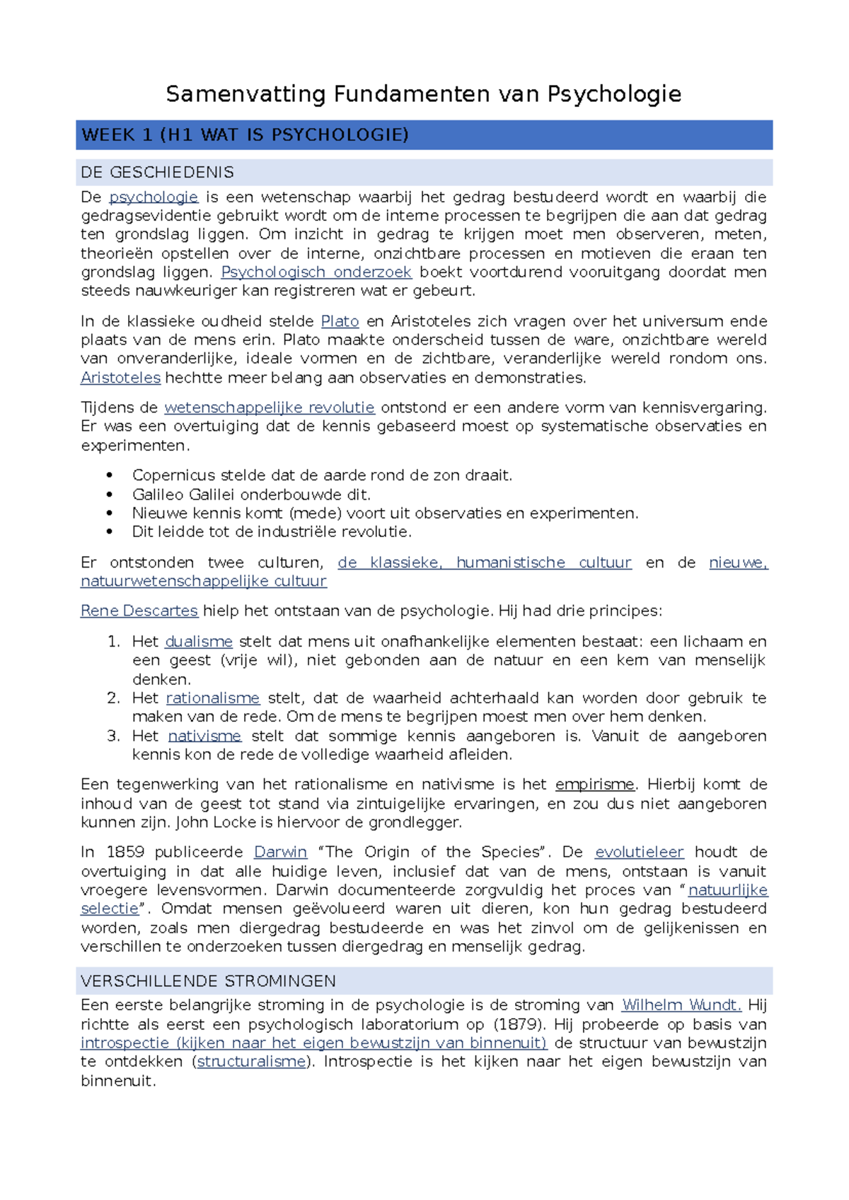 Samenvatting Funda: Fundamenten van Psychologie - Week 1-6 Overzicht ...