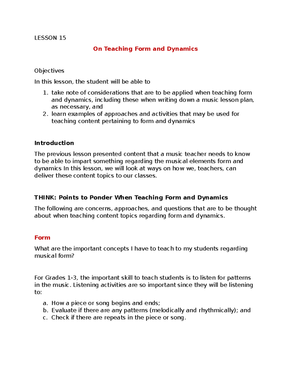 Lesson 15 On Teaching Form and Dynamics - LESSON 15 On Teaching Form ...