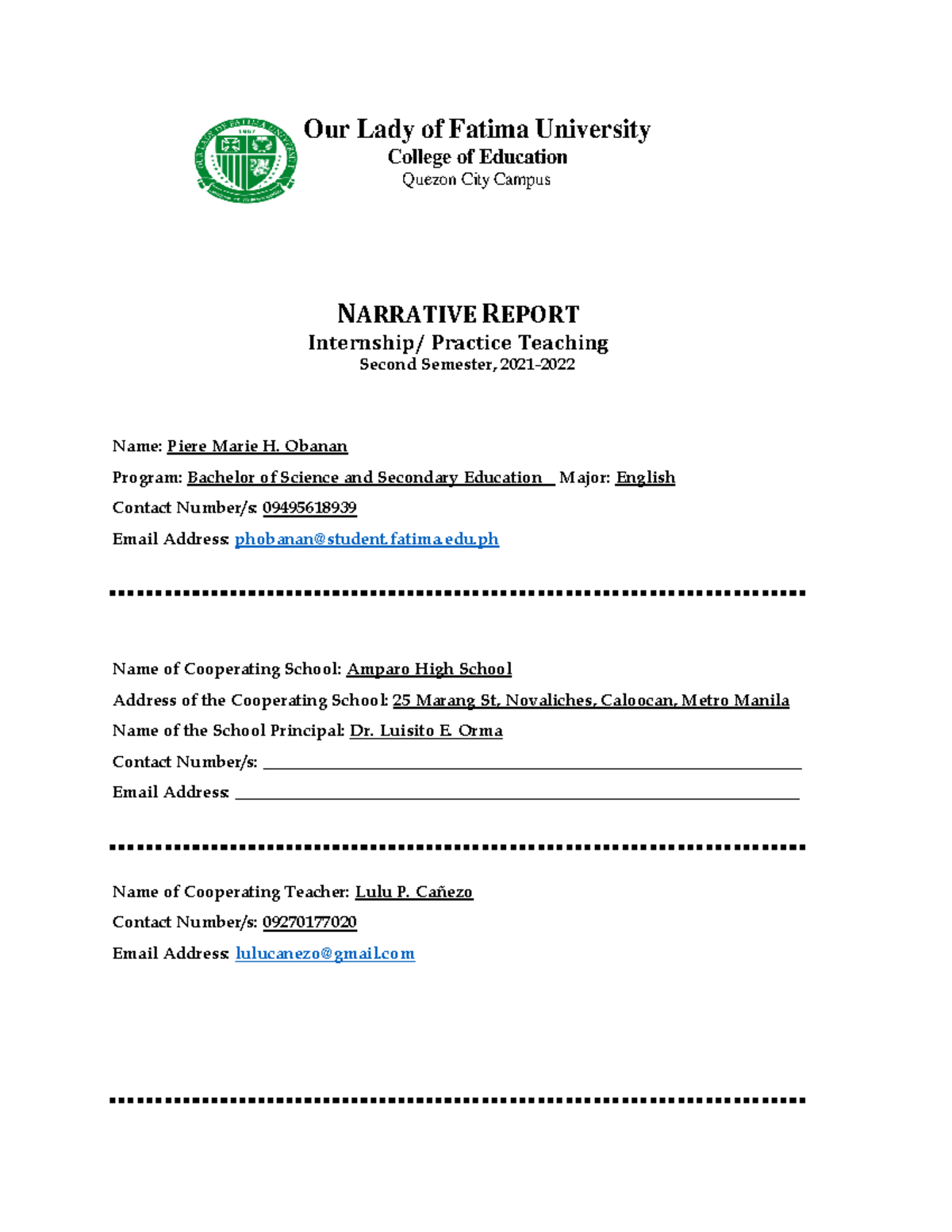 WEEK 1 - to you - NARRATIVE REPORT Internship/ Practice Teaching Second ...