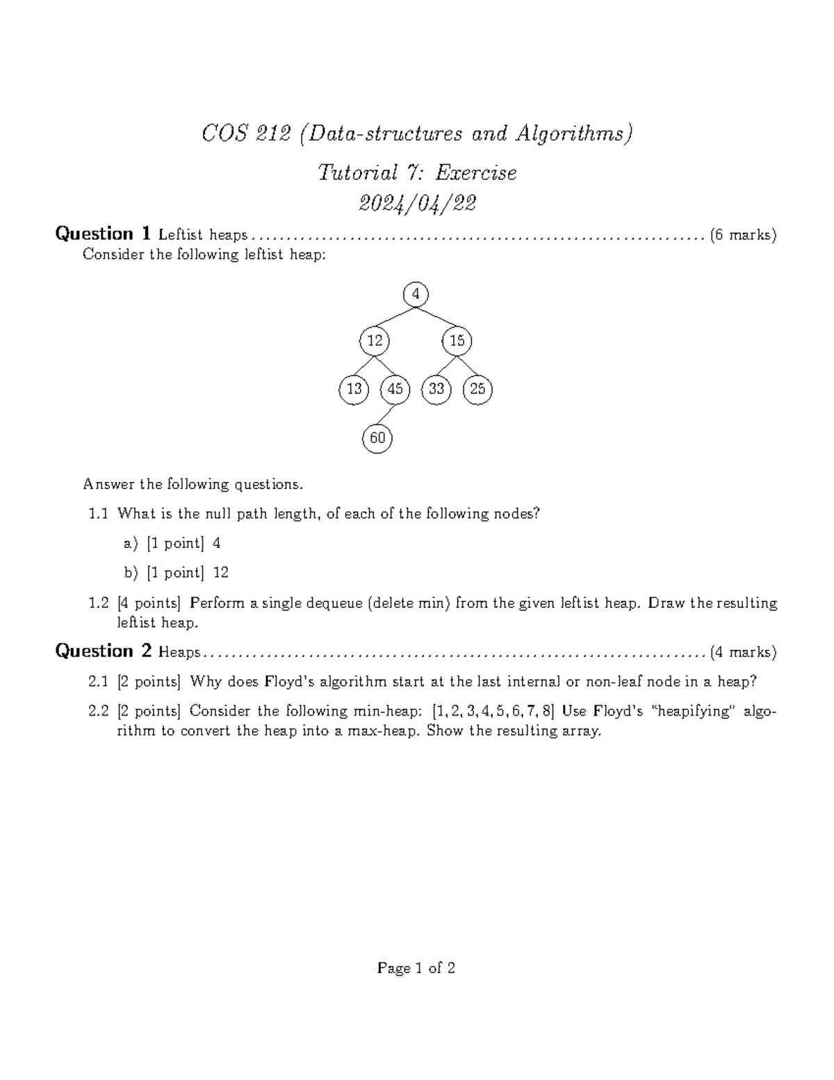 COS212 Tut 7 2024 - Tut 7 - COS 212 (Data-structures and Algorithms) Tutorial 7: Exercise 2024 ...
