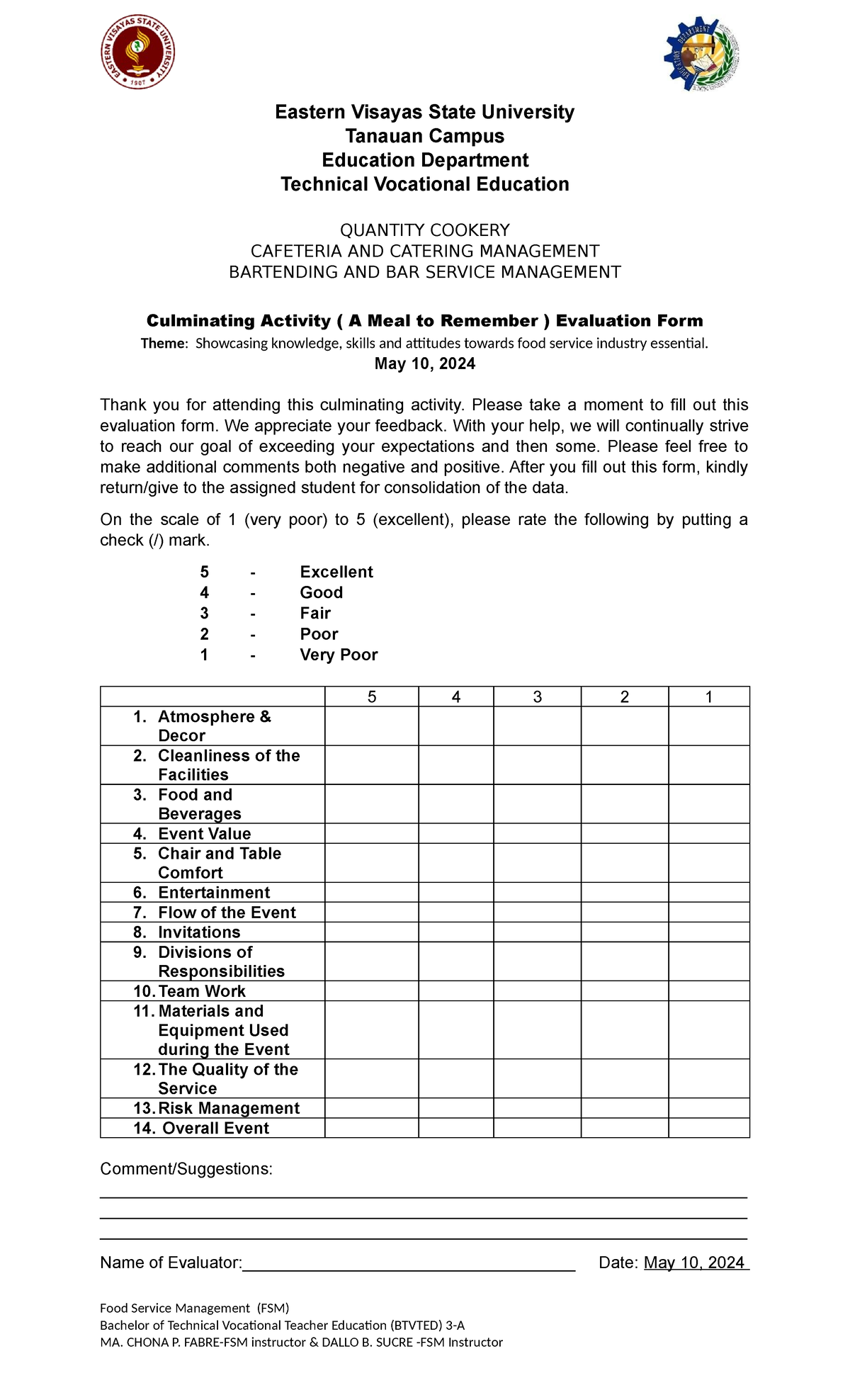 Evaluation Form for Culminating Activity - Quantity Cookery (BTVTED 3-A ...