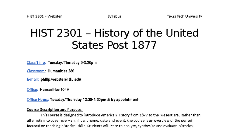 HIST 2301 - Syllabus for American History Post-1877 at Texas Tech - Studocu