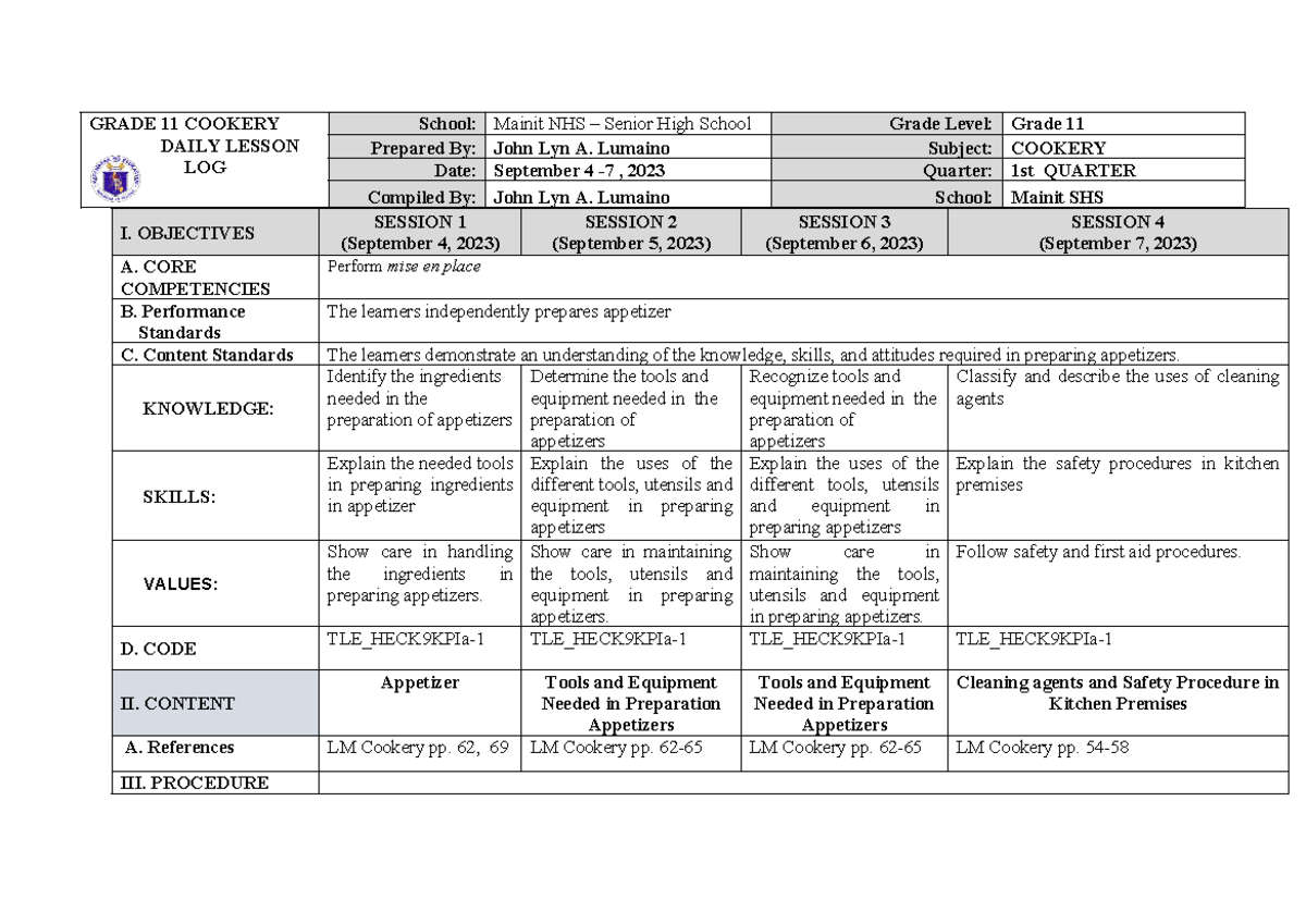 Grade 11 TLE: Daily Lesson Log in Cookery for Appetizer Preparation ...