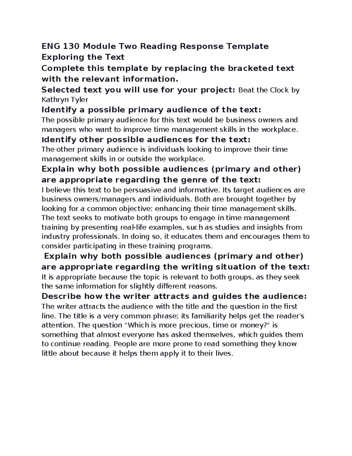 Document 3 - work - ENG 130 Module Two Reading Response Template Exploring the Text Complete ...