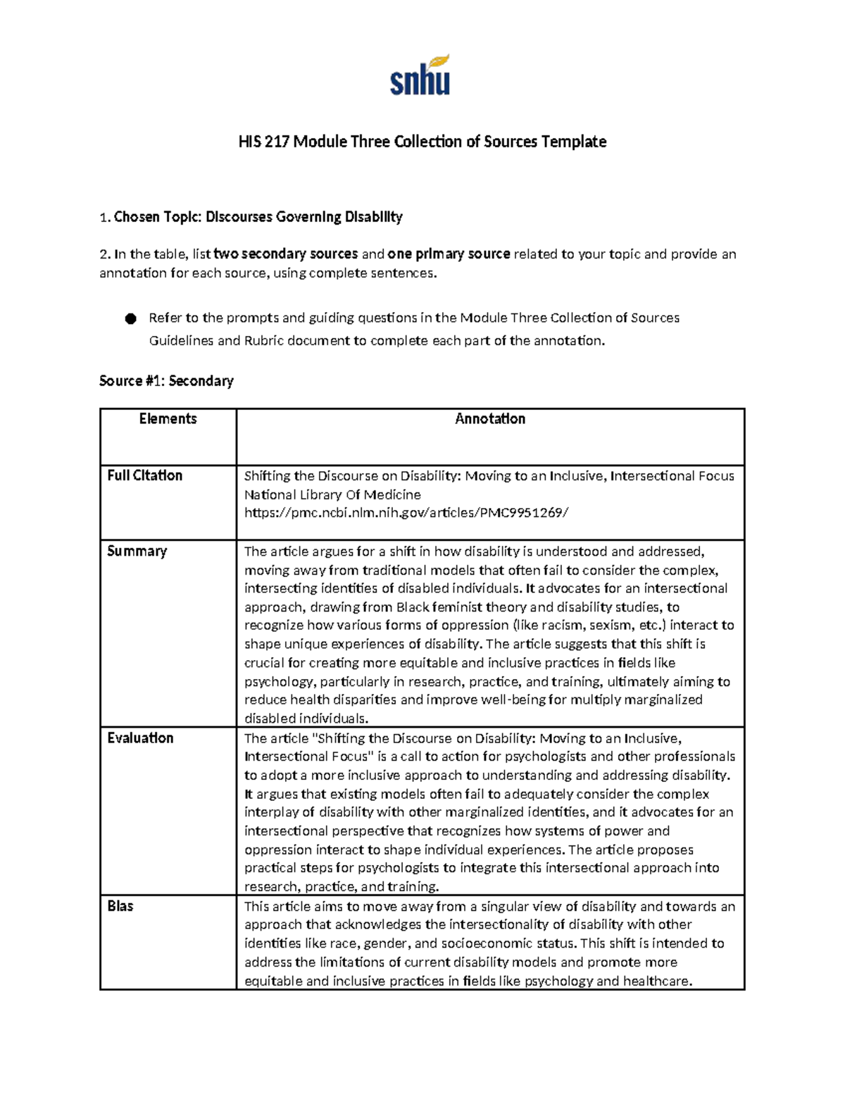 HIS 217 Module Three Source Collection: Disability Discourses Analysis ...