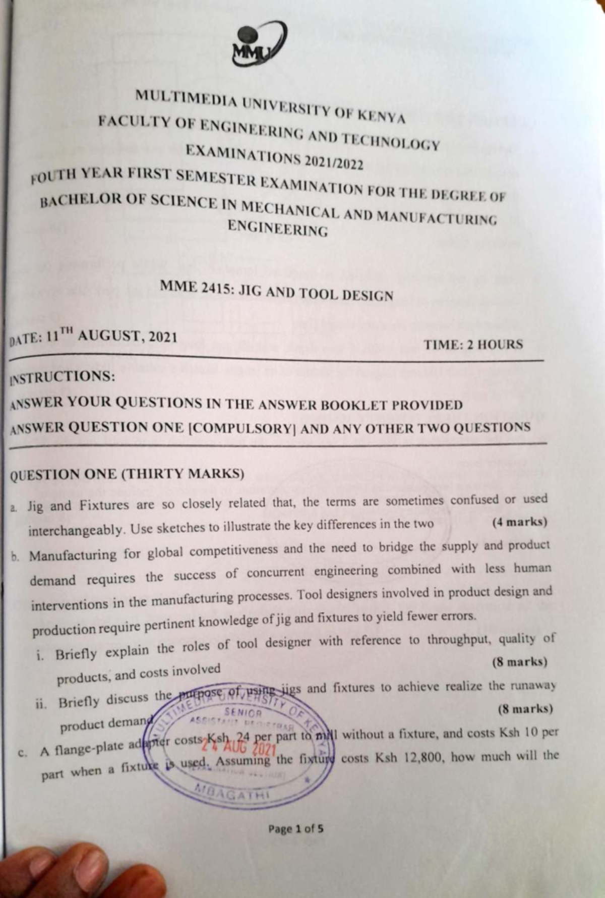 MME 2415: Jig and Tool Design Final Exam - August 2021 - Studocu