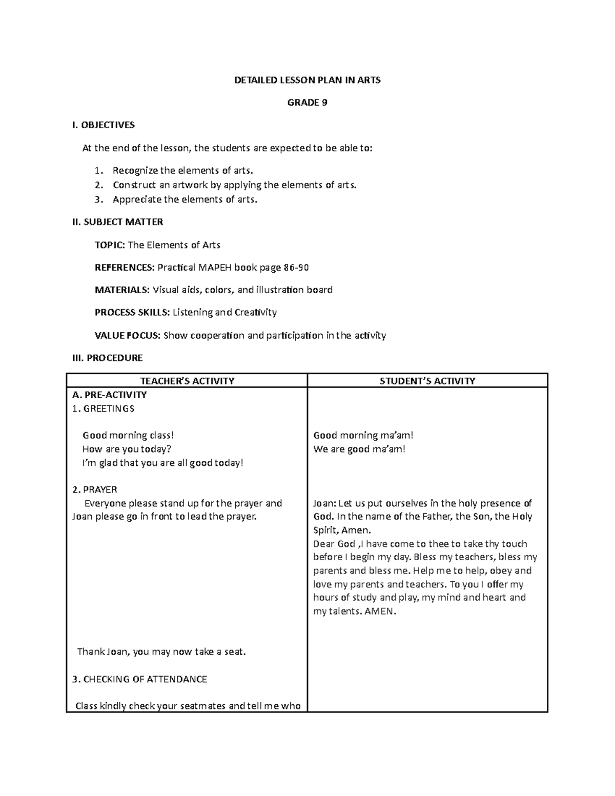 Detailed Lesson Plan in Arts for Grades 1 & 9 - Studocu