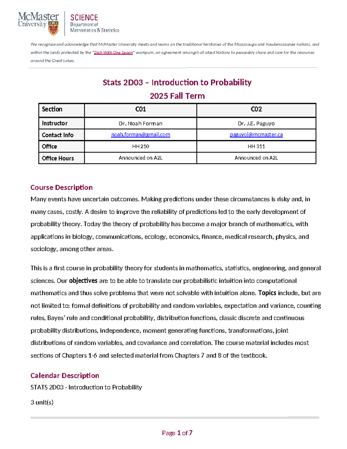 Stats 2D03 Introduction to Probability Course Overview and Schedule ...