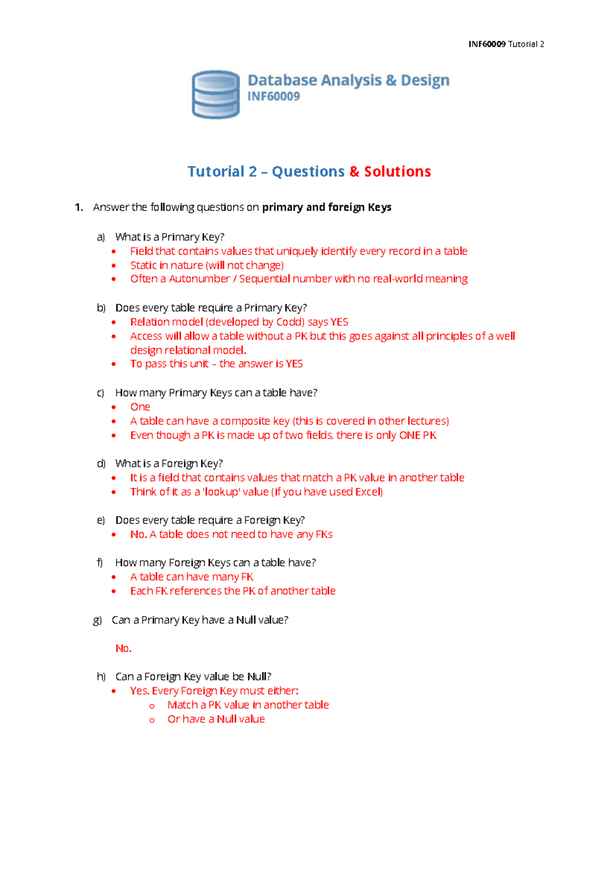 INF60009 TU02 Tutorial 2 Questions & Solutions on Keys and ...